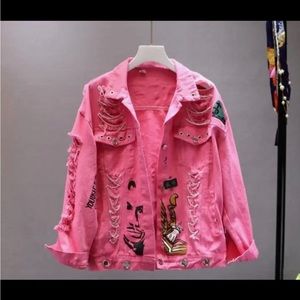 Jackets & Coats | Pink Denim Jacket Women Graffiti | Poshmark